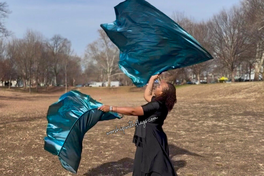 Teal Metallic Lamé Angel Wing Flags | Worship With Flags