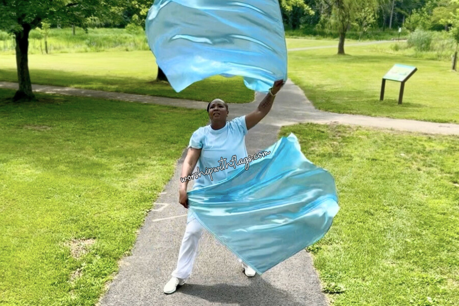 Sky Blue Metallic Lamé Angel Wing Flags | Worship With Flags