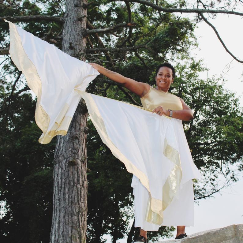 White Poly Silk Angel Wing Flags Trimmed w/ Gold Lamé | Worship With Flags