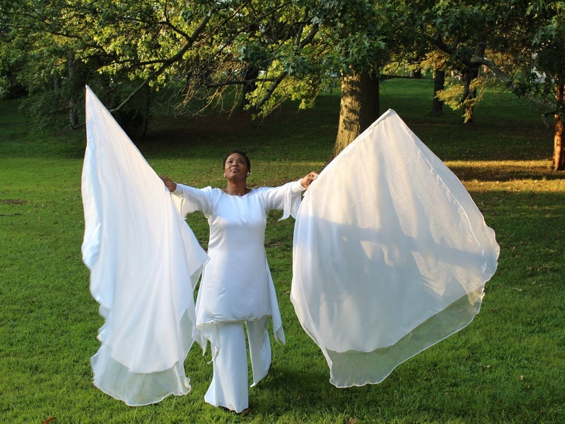 White Poly Silk & White Organza Double Layer Angel Wing Flags | Worship ...