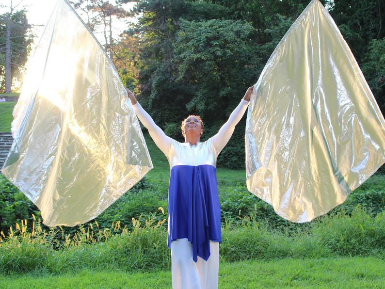 Silver Metallic Lamé Angel Wing Flags | Worship With Flags