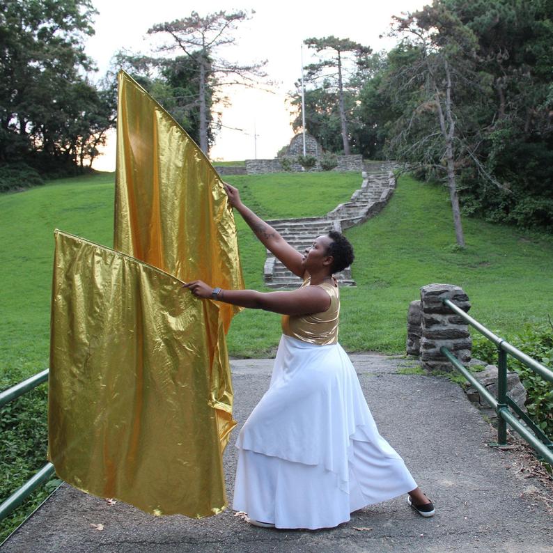 Gold Metallic Lamé Angel Wing Flags | Worship With Flags